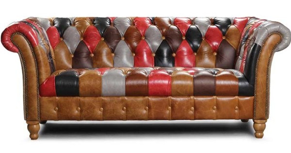 Livingstone 2 Seater Chesterfield Patchwork Multi leather Sofa Hunter Tweed